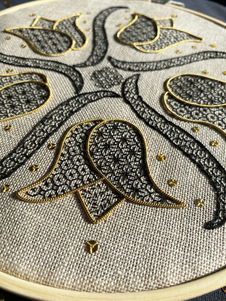 ONL25330 A Wheel of Blackwork Tulips - Royal School of Needlework