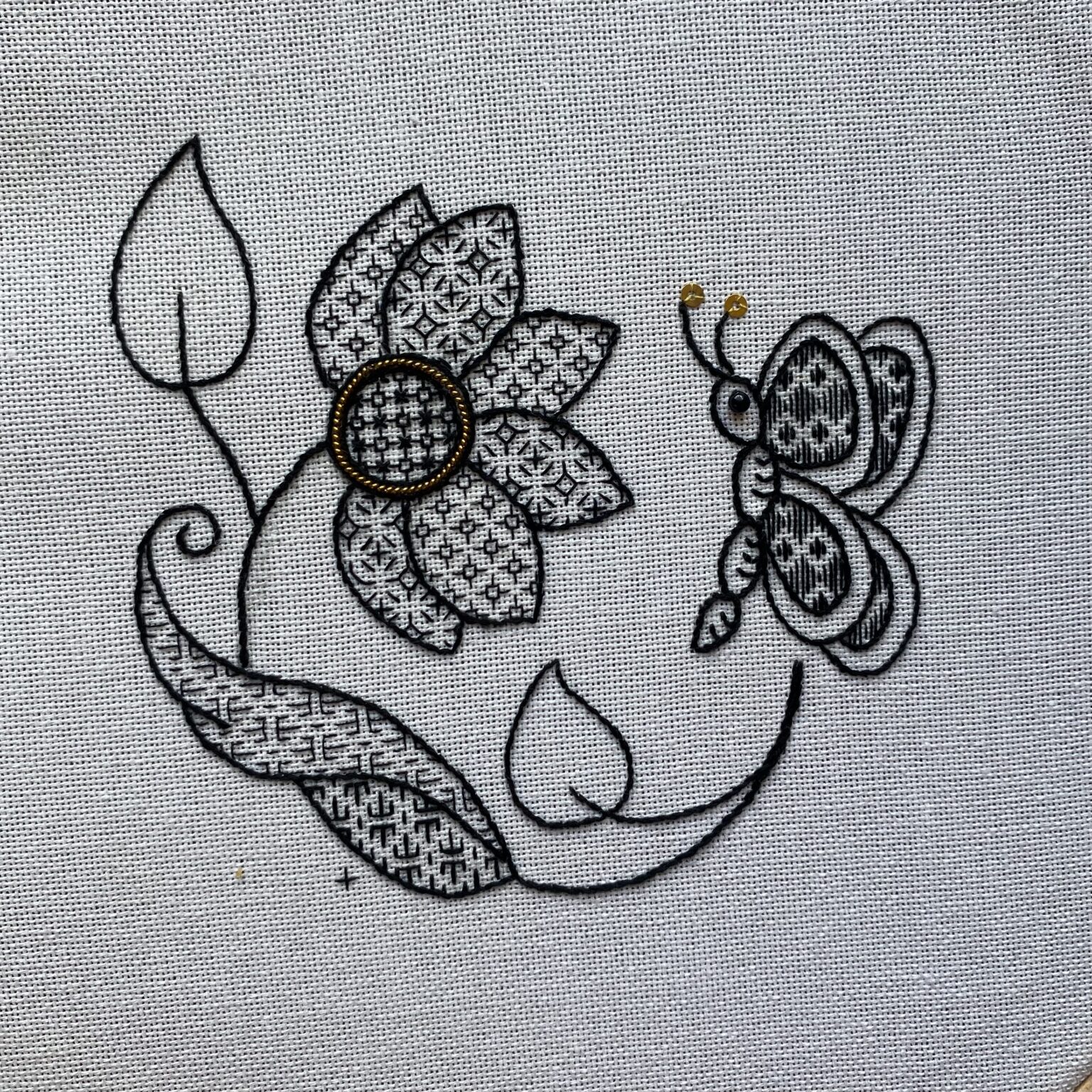RSN Exclusive: 'Flutterby Flower' Blackwork Embroidery Kit by Chrissie Juno Mann - Royal School ...